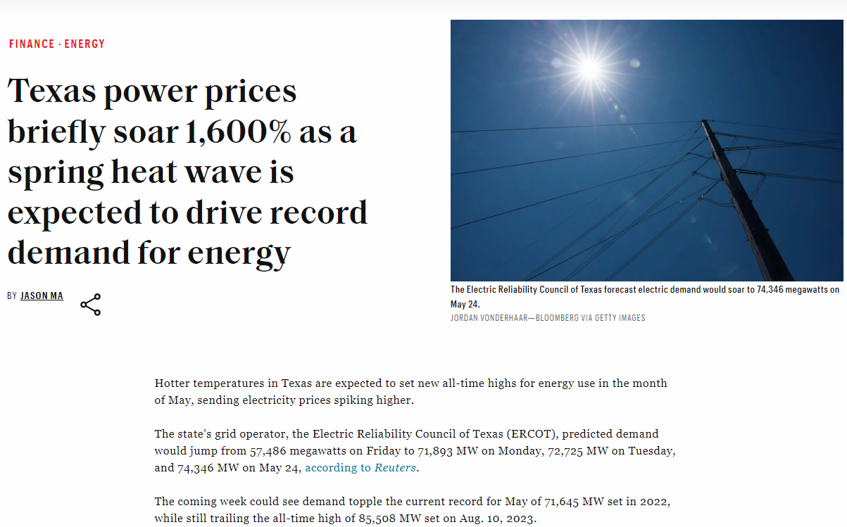 Texas power prices briefly soar 1,600% as spring heat wave is expected ...